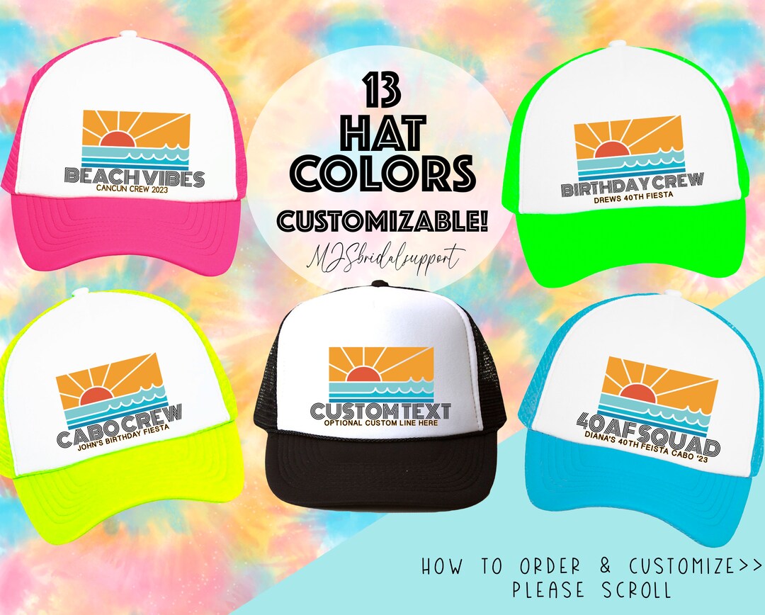 Retro Sunset Beach Hats With Custom Text | 13 Colors | Vacation and ...