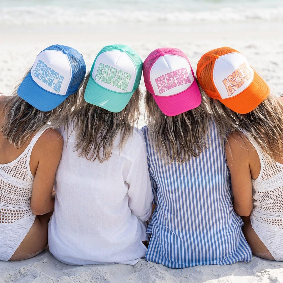 NAME Retro Style Trucker Hats | Custom Varsity Tropical Font Matching ...