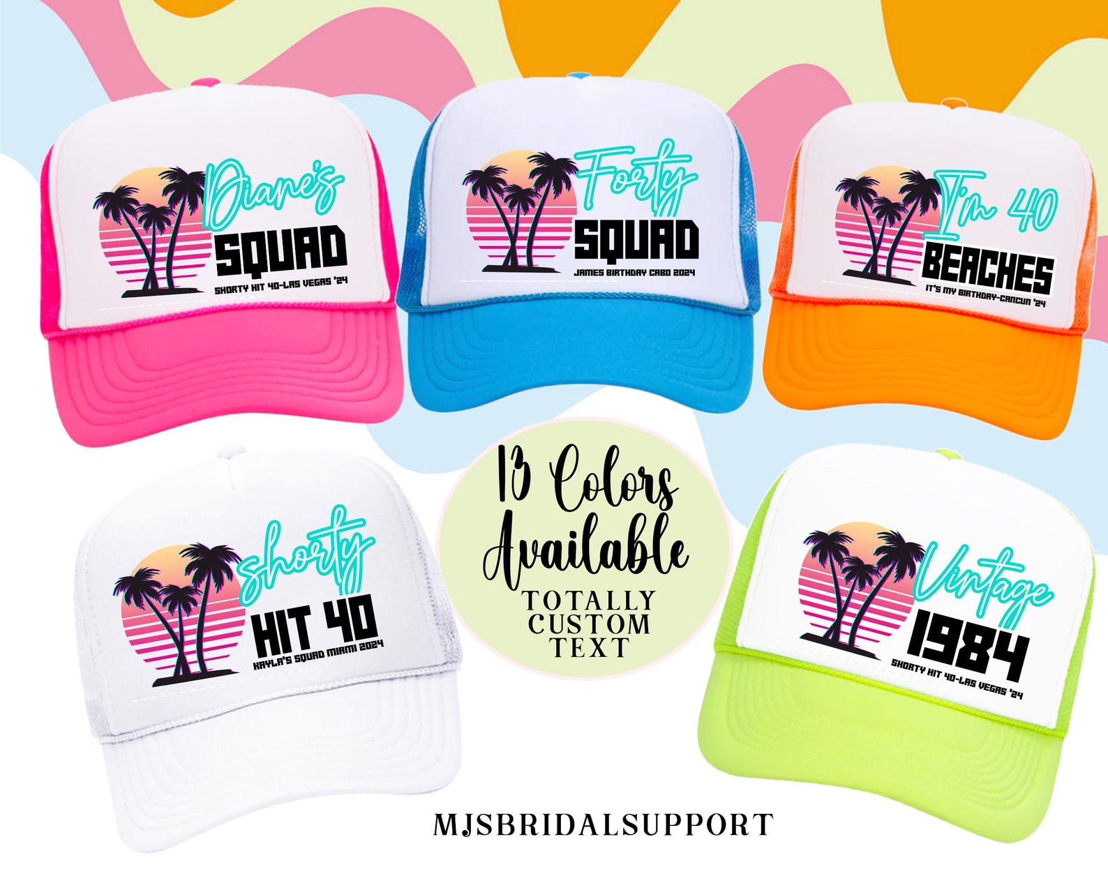Retro Birthday Squad Hats | 13 Colors to Choose | Miami Style Palm ...