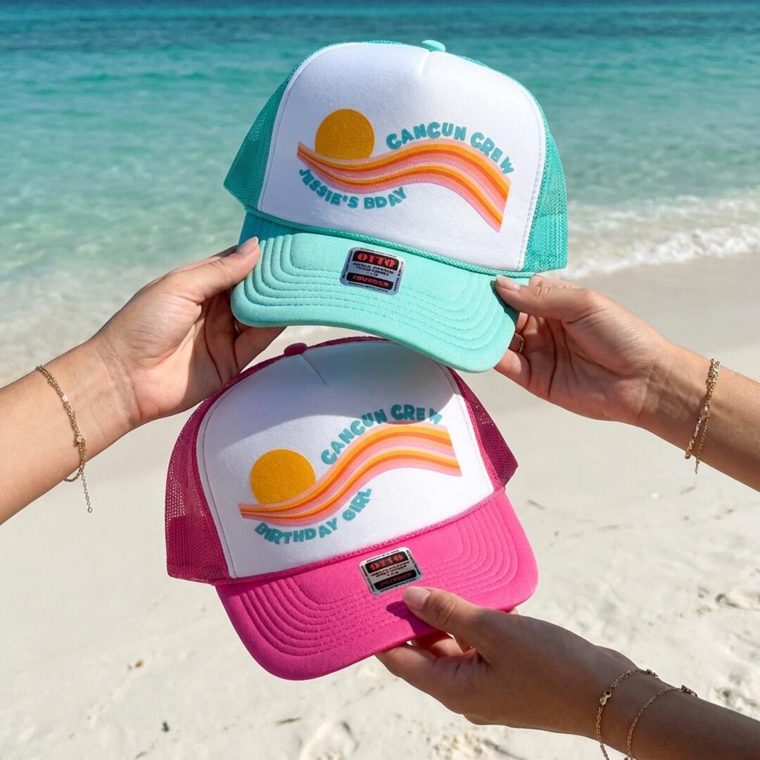 Retro Sunset Beach Hats With Custom Text | Vacation and Birthday Trip ...