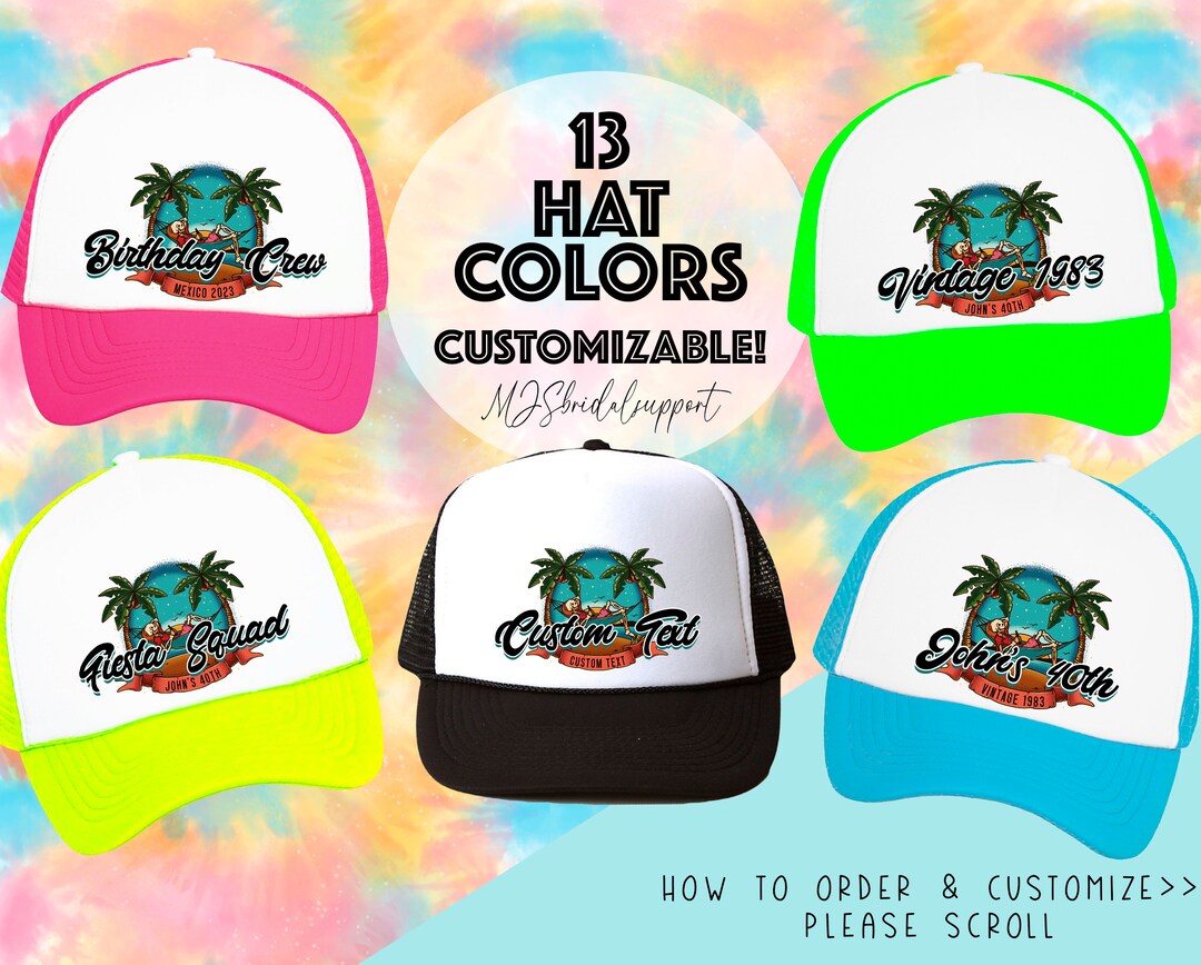 Retro Funny Beach Hats With Custom Text | 13 Colors | Vacation Birthday ...