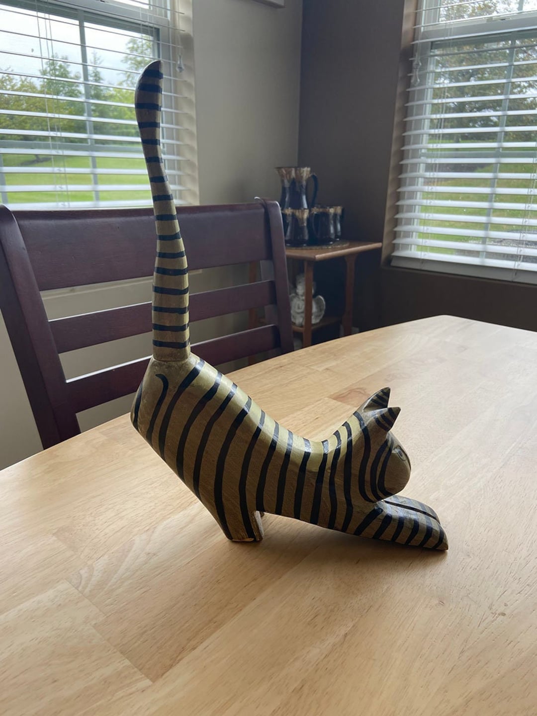 Wooden Cat Statue, Brown With Stripes - Etsy
