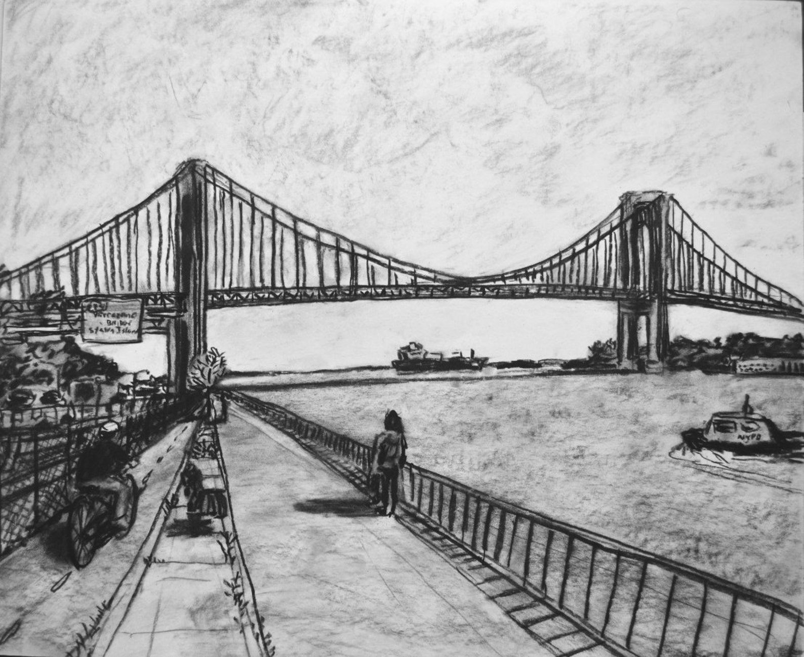 Verrazano Narrows Running Path, Charcoal on Paper, 14 by 17 Inches ...