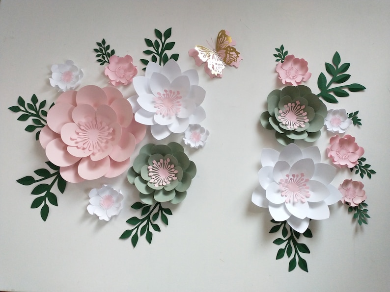 Floral Set Sage, White and Pink Paper Flowers, Wall Decor Paper Flowers ...