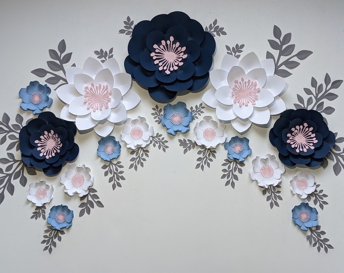 Navy, Light Blue and Pink Paper Flowers Wall Decor. Large Nursery Pink ...