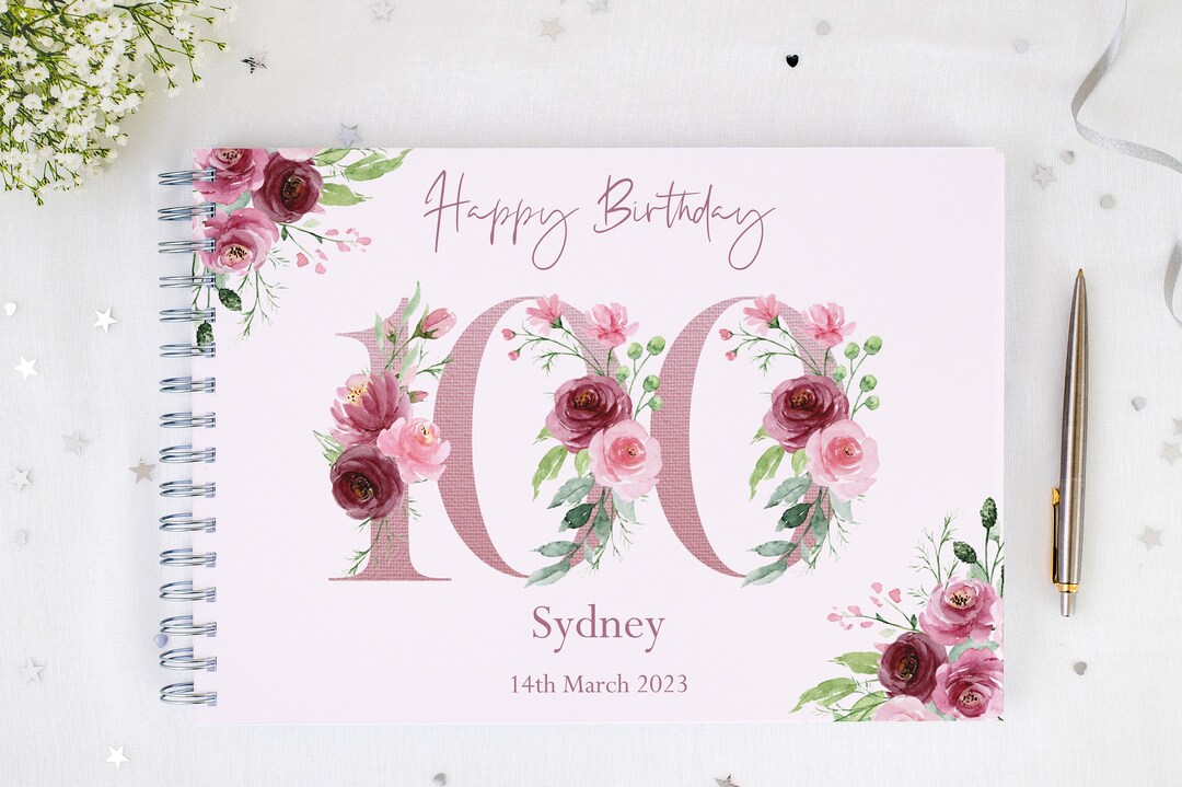 Personalised Floral 100th Birthday Guest Book, 100th Birthday Scrapbook ...