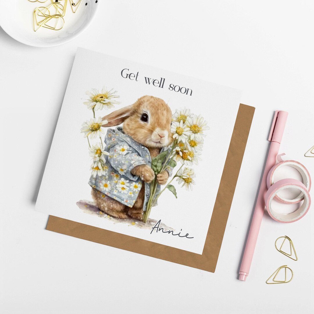 Cute Bunny Rabbit Get Well Soon Card, Rabbit Card, Personalised ...