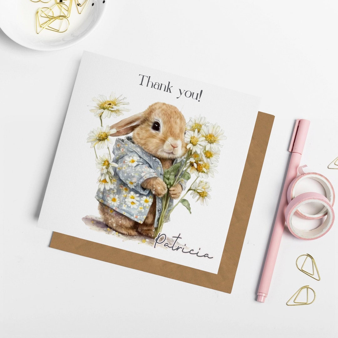 Bunny Rabbit Thank You Card, Rabbit Thank You Card, Personalised Thank ...