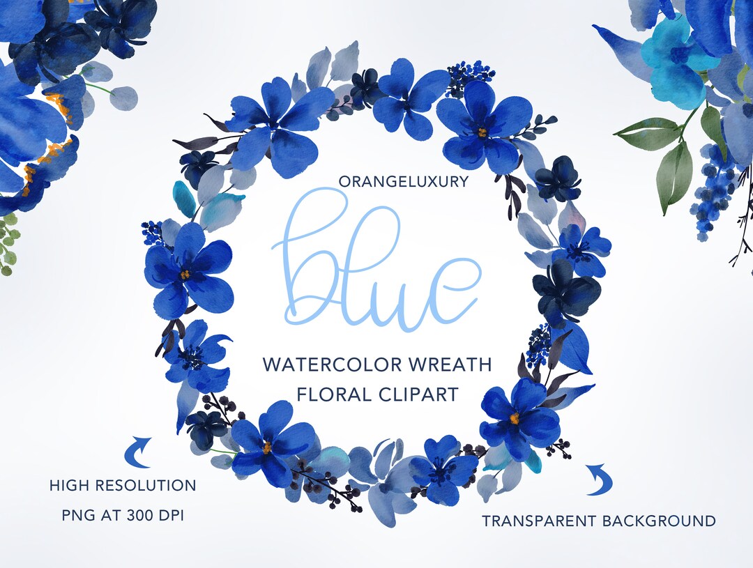 Watercolor Wreath, Indigo Blue Flowers, Navy Blue Flower Clipart ...