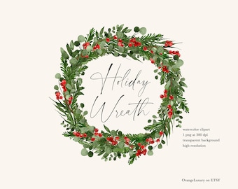 Holly Christmas Wreath Watercolor Clipart PNG - Etsy