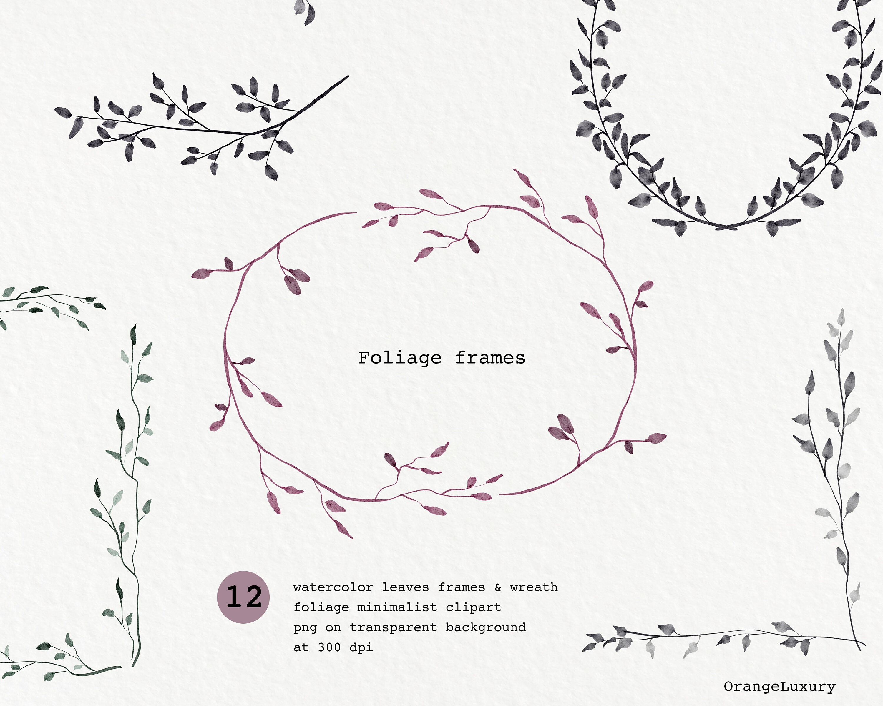 Leaves Watercolor Clipart, Foliage Frames, Botanical Clip Art, Wedding ...