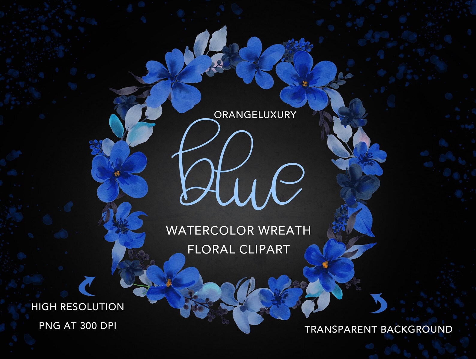 Watercolor Wreath, Indigo Blue Flowers, Navy Blue Flower Clipart ...