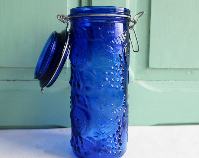 Vintage Cobalt Blue Glass Canister With Lid Blue Glass Jar Vintage Cobalt Blue Glass Canister