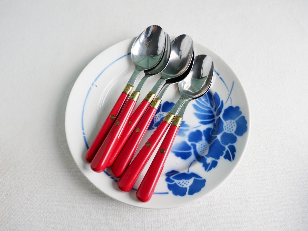 Lot of 6 Vintage Table Spoons With Red Plastic Handle - Etsy