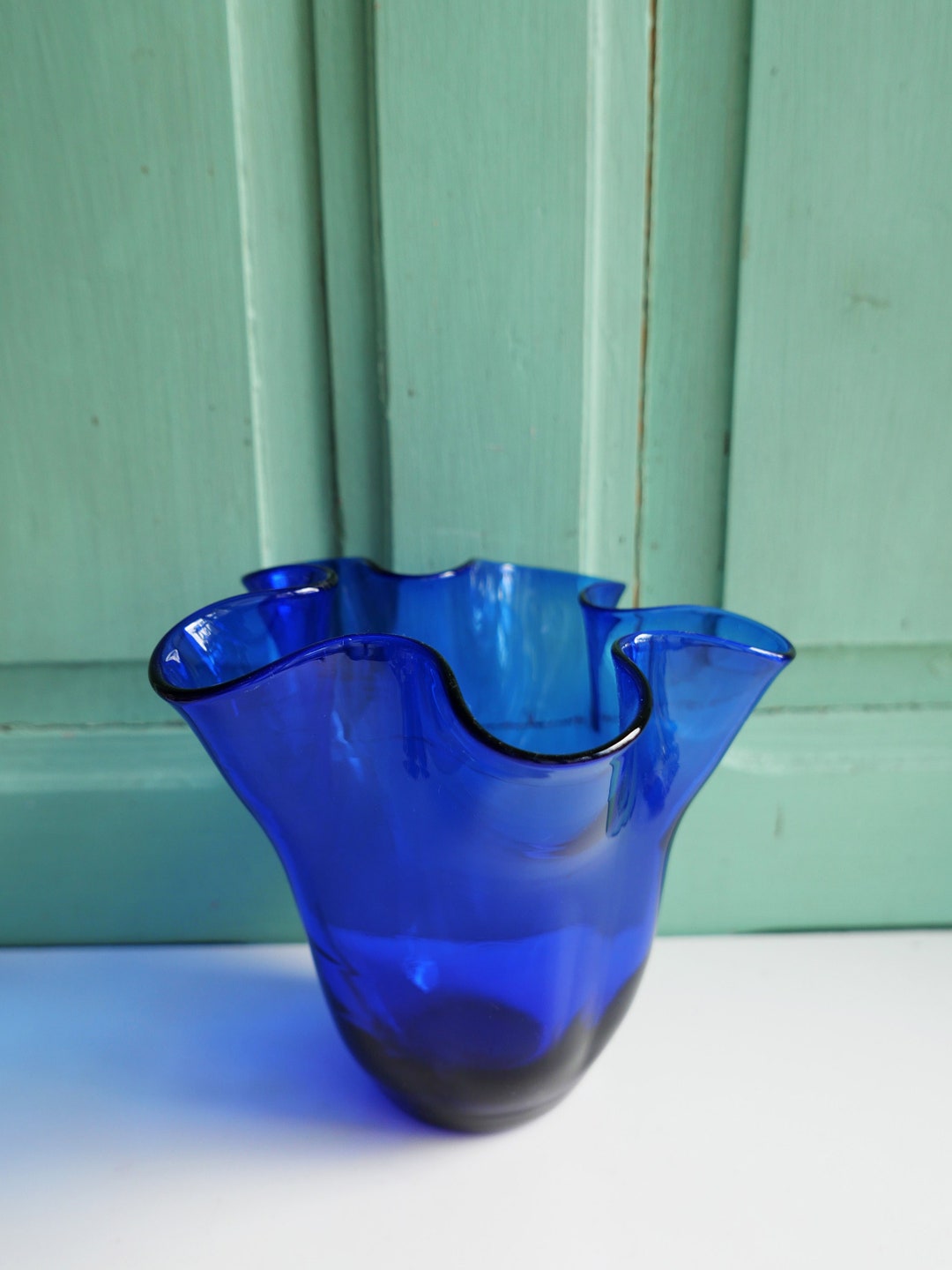 Vintage Blue Glass Vase-unique Glass Design-handmade Vase-electric Blue Vase-blue Glass Vase-art ...