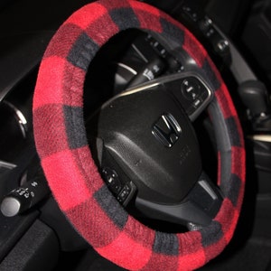 Plaid Black and Red Steering Wheel Cover/ Unisex Wheel Cover/ Black and ...