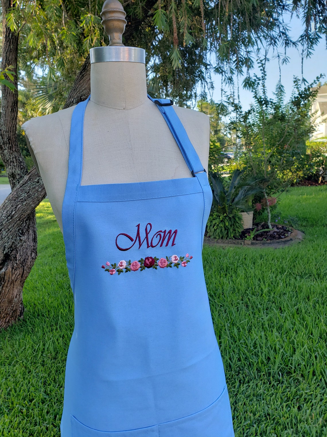 Personalized Apron Light Blue Embroidered Apron With Flowers | Etsy