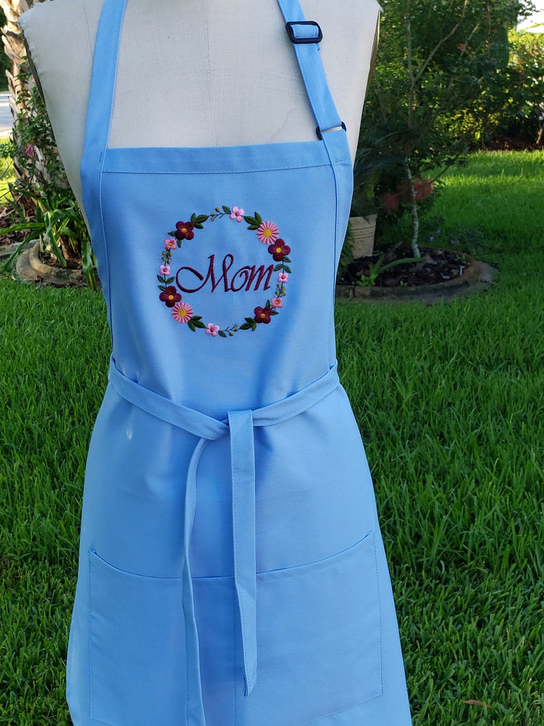 Personalized Apron Light Blue Embroidered Apron With Flowers - Etsy