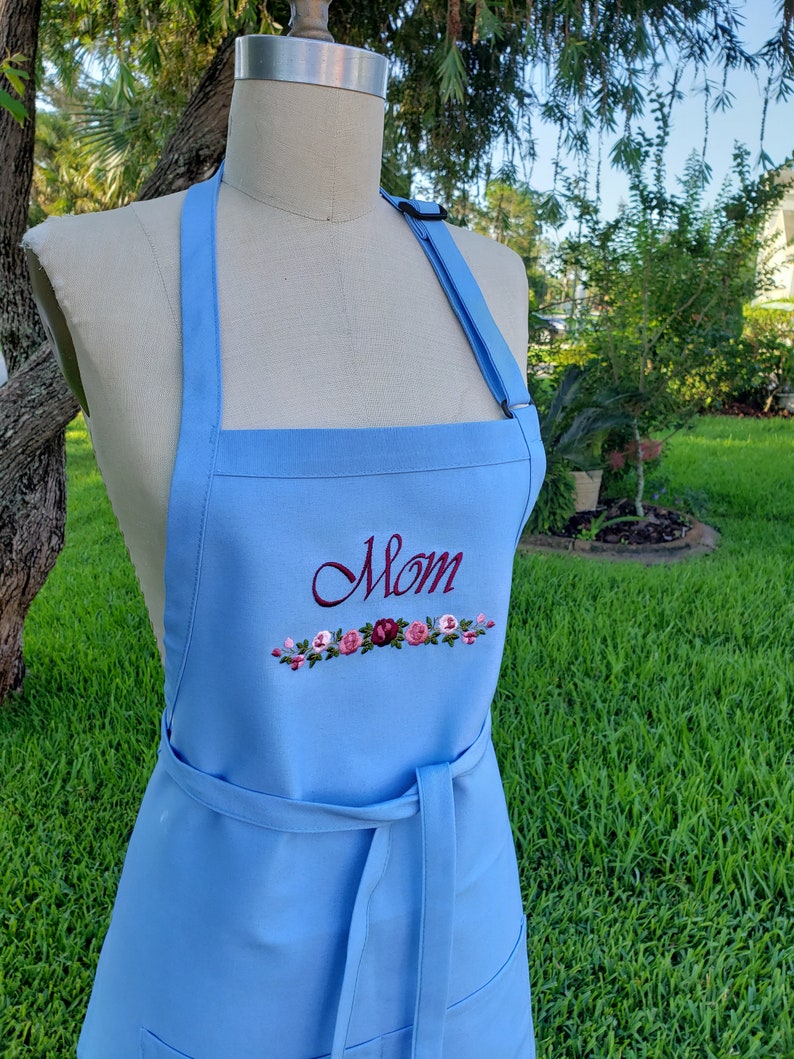 Personalized Apron - Light Blue Embroidered Apron With Flowers and Mom ...