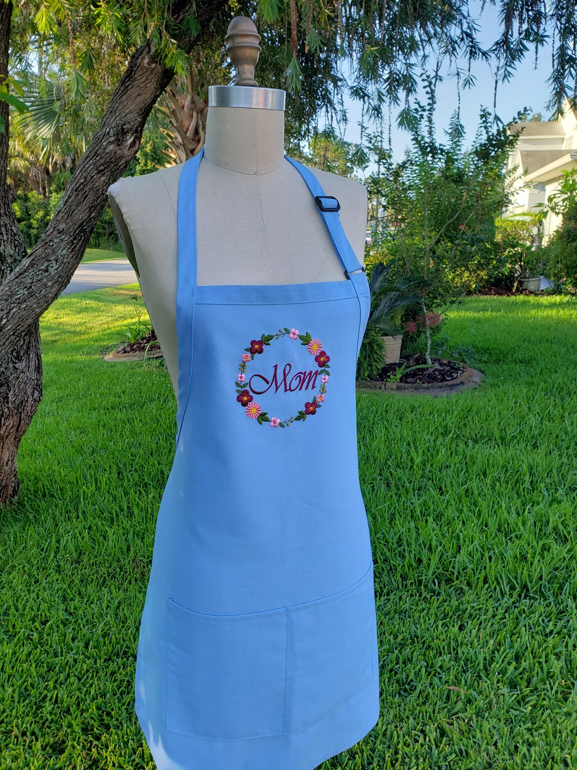 Personalized Apron Light Blue Embroidered Apron With Flowers | Etsy