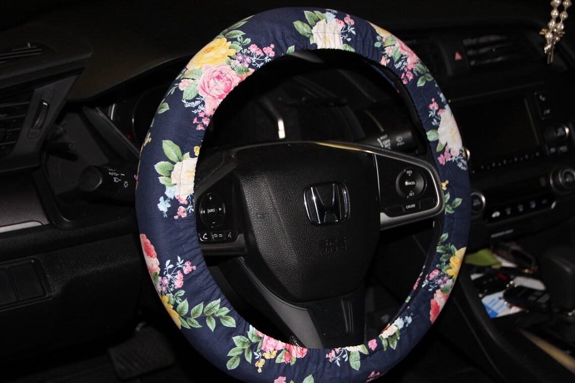 Navy and Pink Flowers Wheel Cover ,shabby Chic Floral Steering Wheel ...