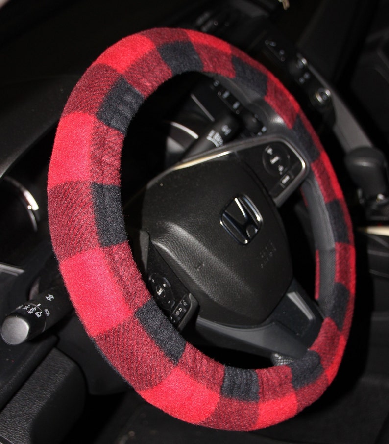 Plaid Black and Red Steering Wheel Cover/ Unisex Wheel Cover/ Black and ...