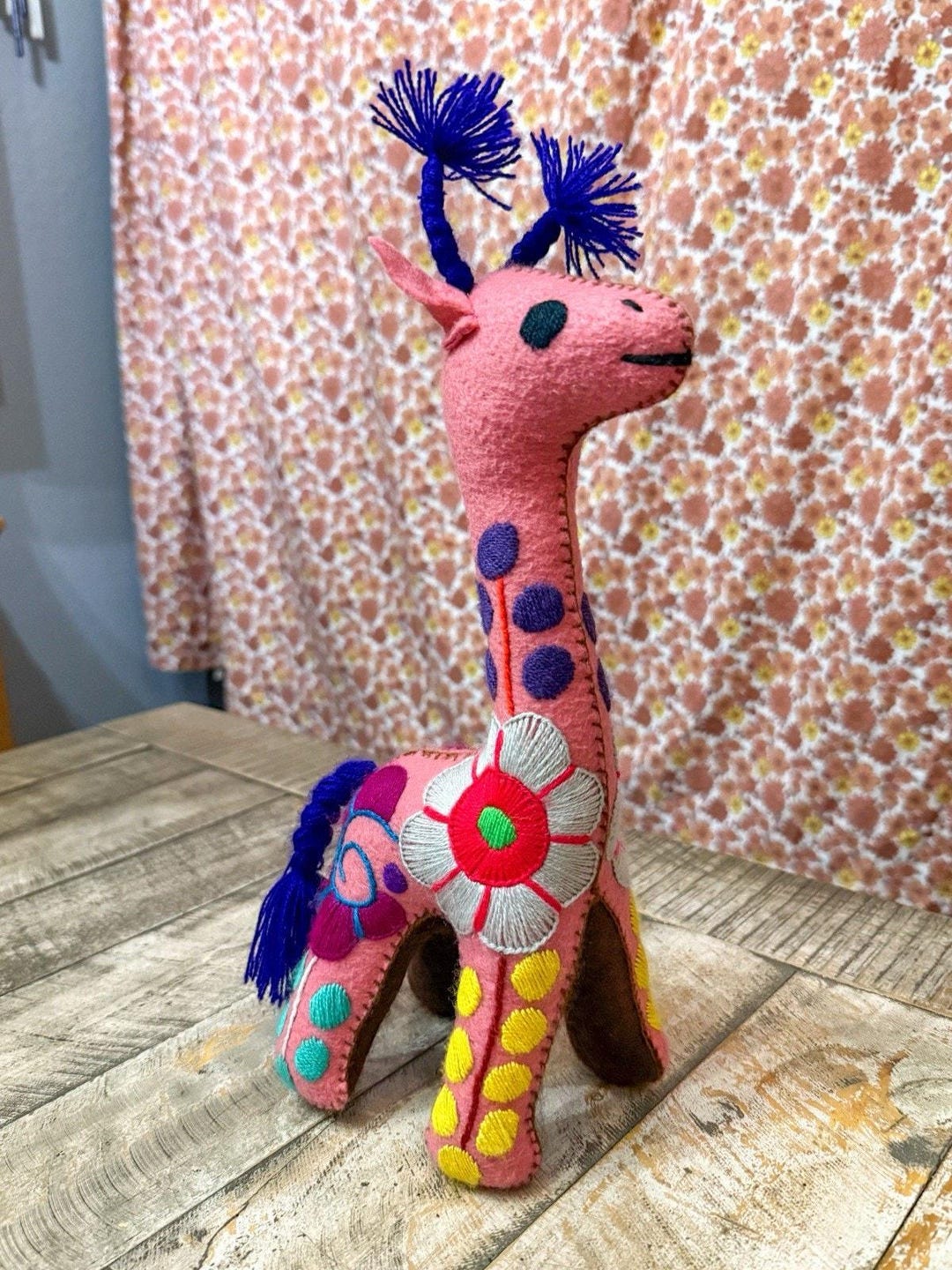 Mexican Folk Art Felt Giraffe Plush Embroidered Flowers Pink Handmade ...