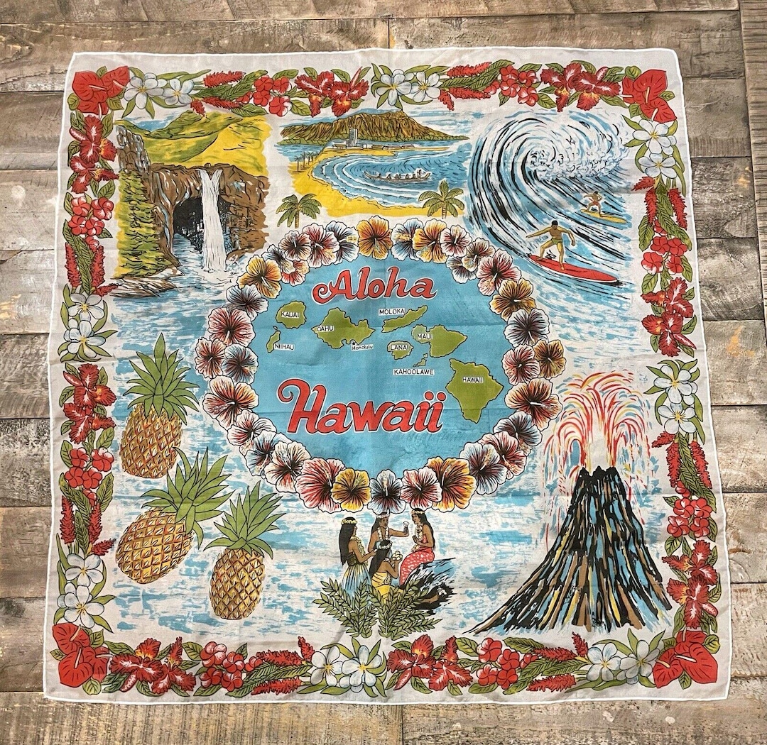 Vintage Hawaii Scarf Islands Map & Pictures 27X27 Rayon Nylon Made in ...