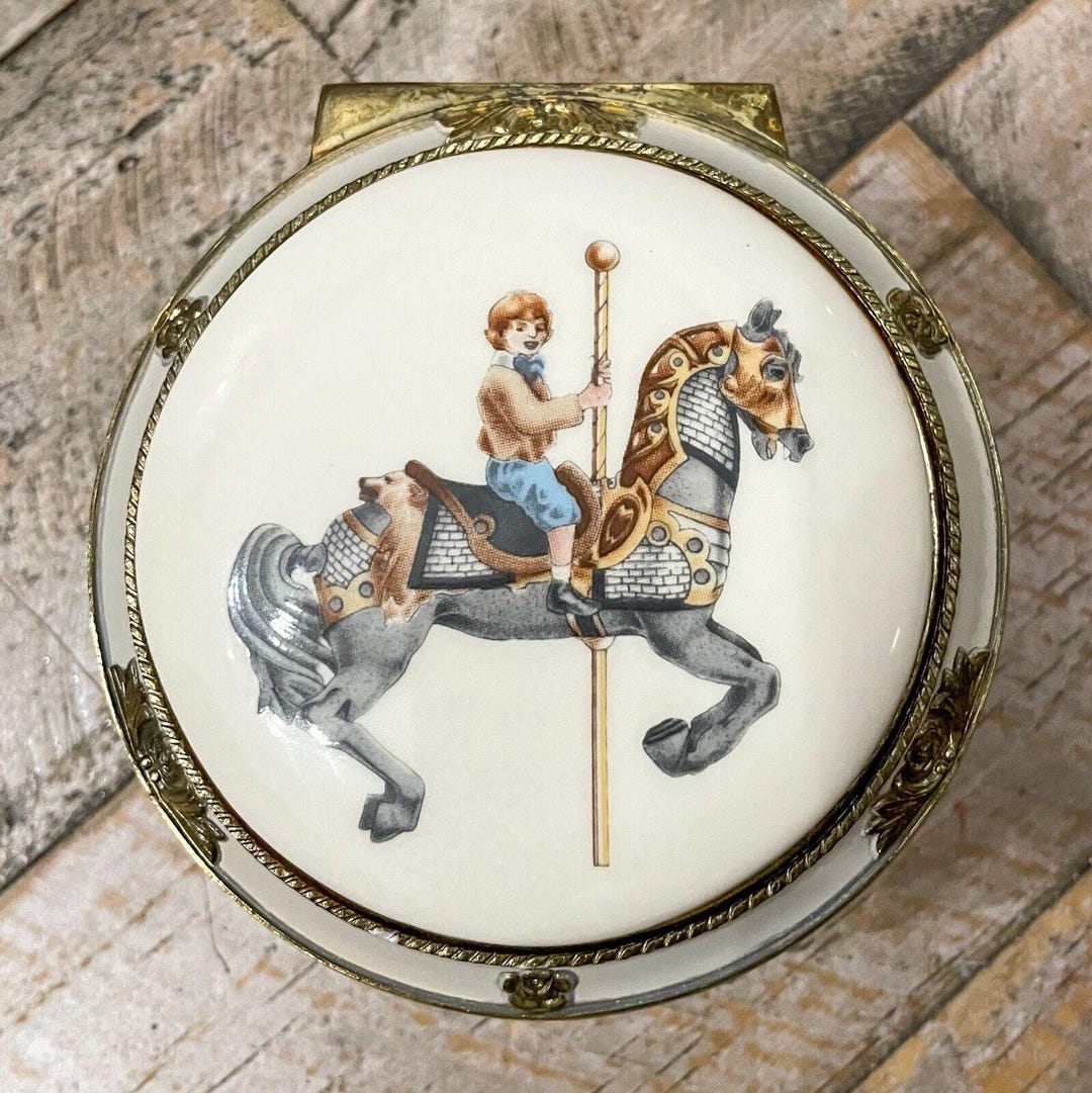 Melodies Willitts Minuete Music Box Boy on Carousel Horse Trinket Box ...
