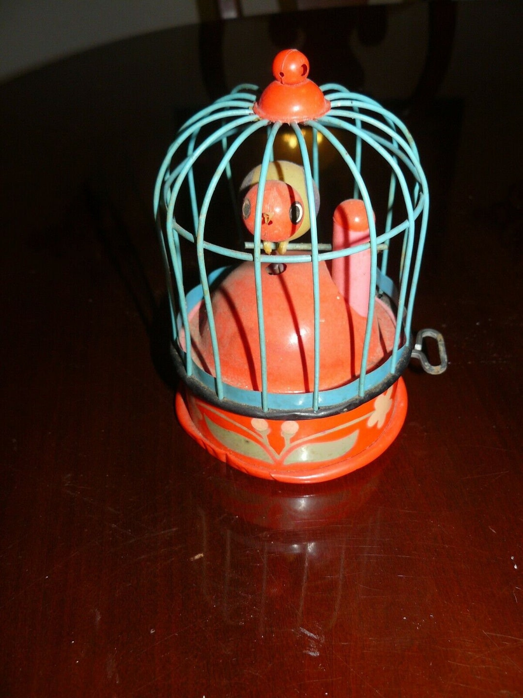 RARE Vintage Wind up Bird in A Cage Tin and PLASTIC Toy Key Sings and ...