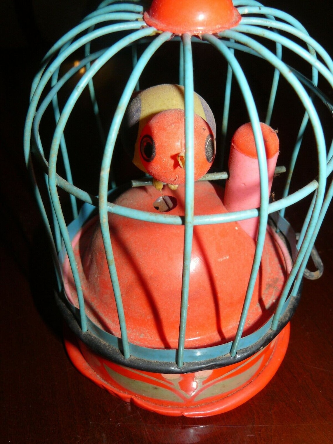 RARE Vintage Wind up Bird in A Cage Tin and PLASTIC Toy Key Sings and ...