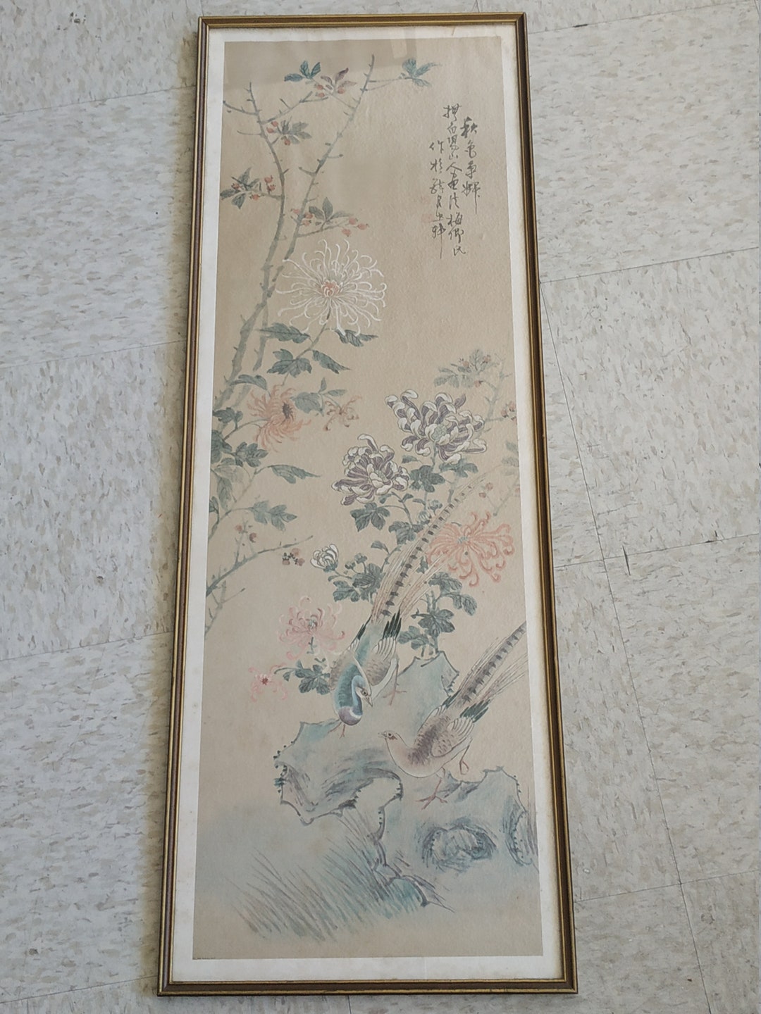 Vintage Chinese Color Birds Silk Painting,artist Sealed,40"x14"x.4 ...