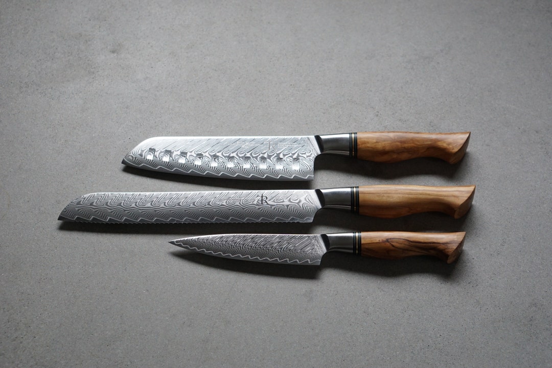 Ryda Knives ST650 Set of 3. Santoku, Bread and Utility Knife With Olive ...