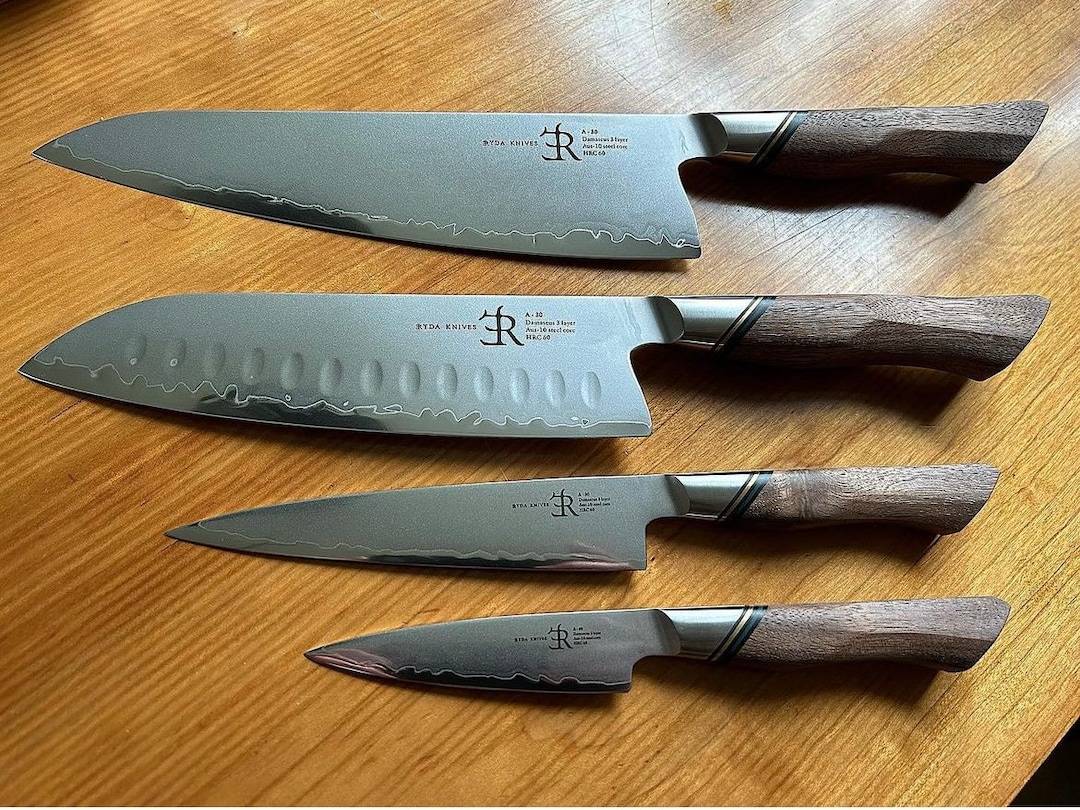 Ryda Knives Damascus Kitchen Knife Set: Santoku, Utility, Chef, Parring ...