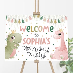 Girl Dinosaur Welcome Poster, Editable Dinosaur Birthday Welcome Sign ...