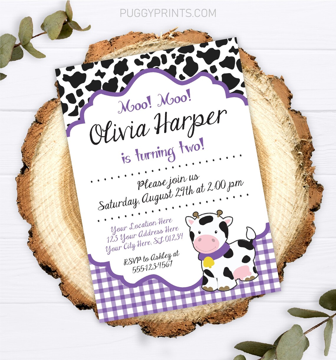 Cow Birthday Invitation Editable Cow Invitation Purple Farm - Etsy