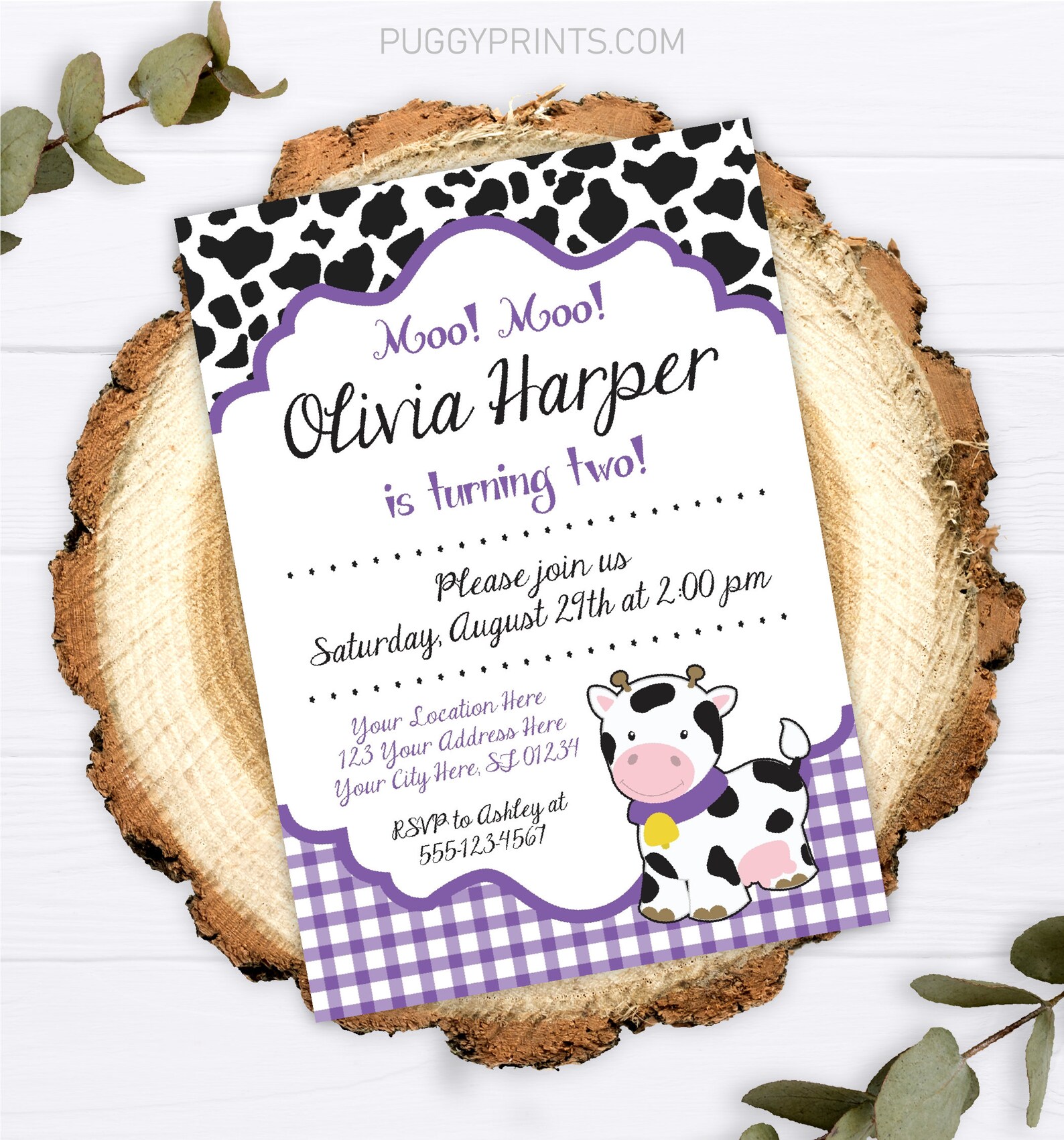 Cow Birthday Invitation Editable Cow Invitation Purple Farm - Etsy