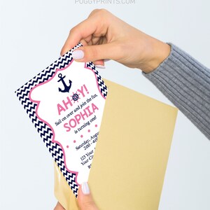Nautical Birthday Invitation, Nautical Invitation, Ahoy Navy and Pink ...