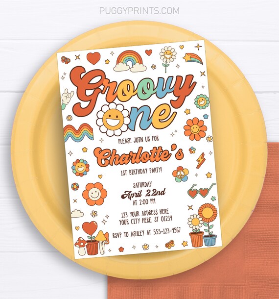 Groovy One Invitation, Editable Groovy Birthday Invitation Template ...