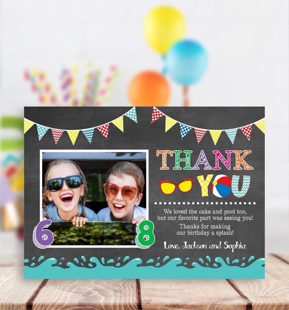 Pool Party Thank You Card, Editable Siblings Pool Party Birthday Thank ...