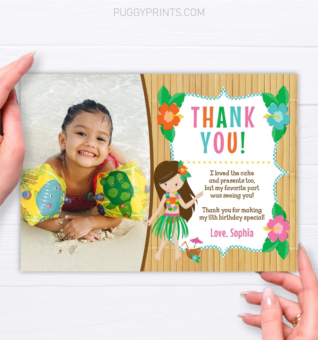 Luau Thank You Card, Luau Birthday Thank You Cards, Hawaiian Tropical ...