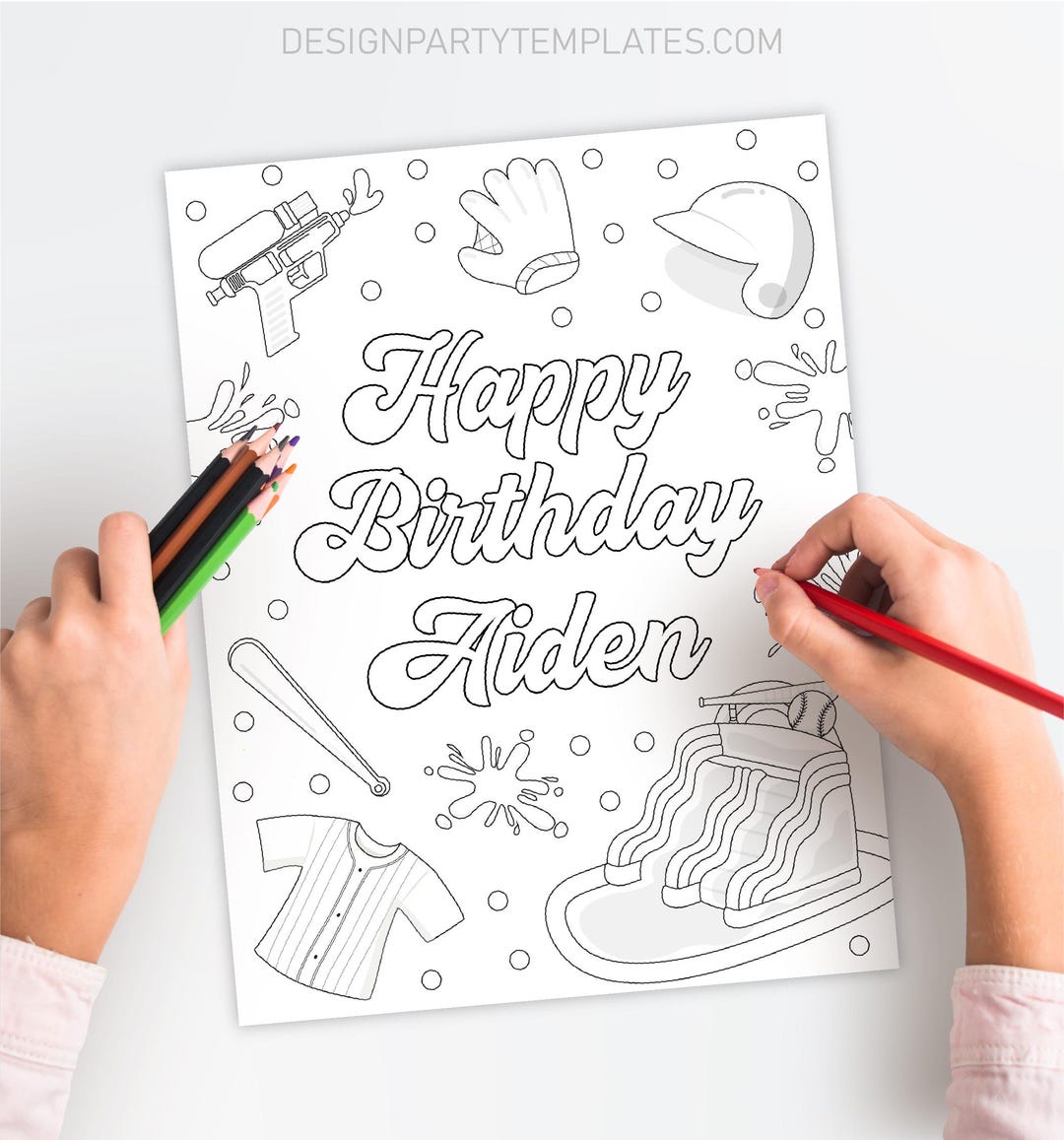 Baseball Water Party Coloring Page, Editable Baseball Birthday Coloring ...