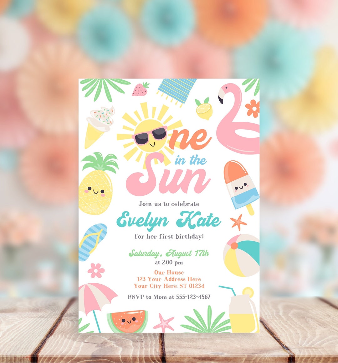 Editable One in the Sun Invitation Template Printable Fun in the Sun ...