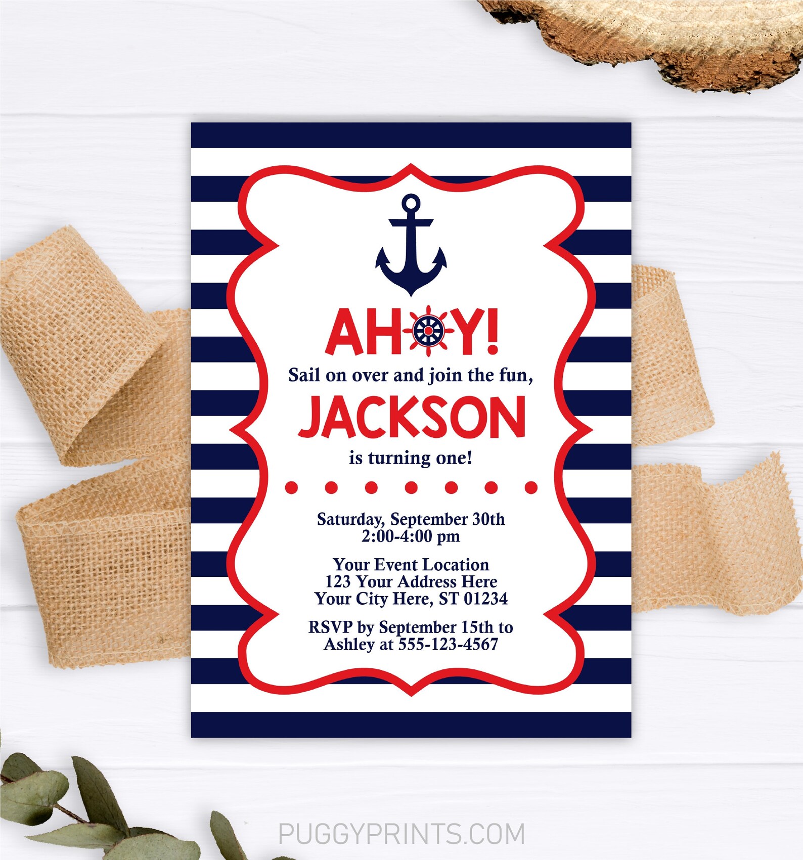 Nautical Birthday Invitation in Navy and Red Editable - Etsy