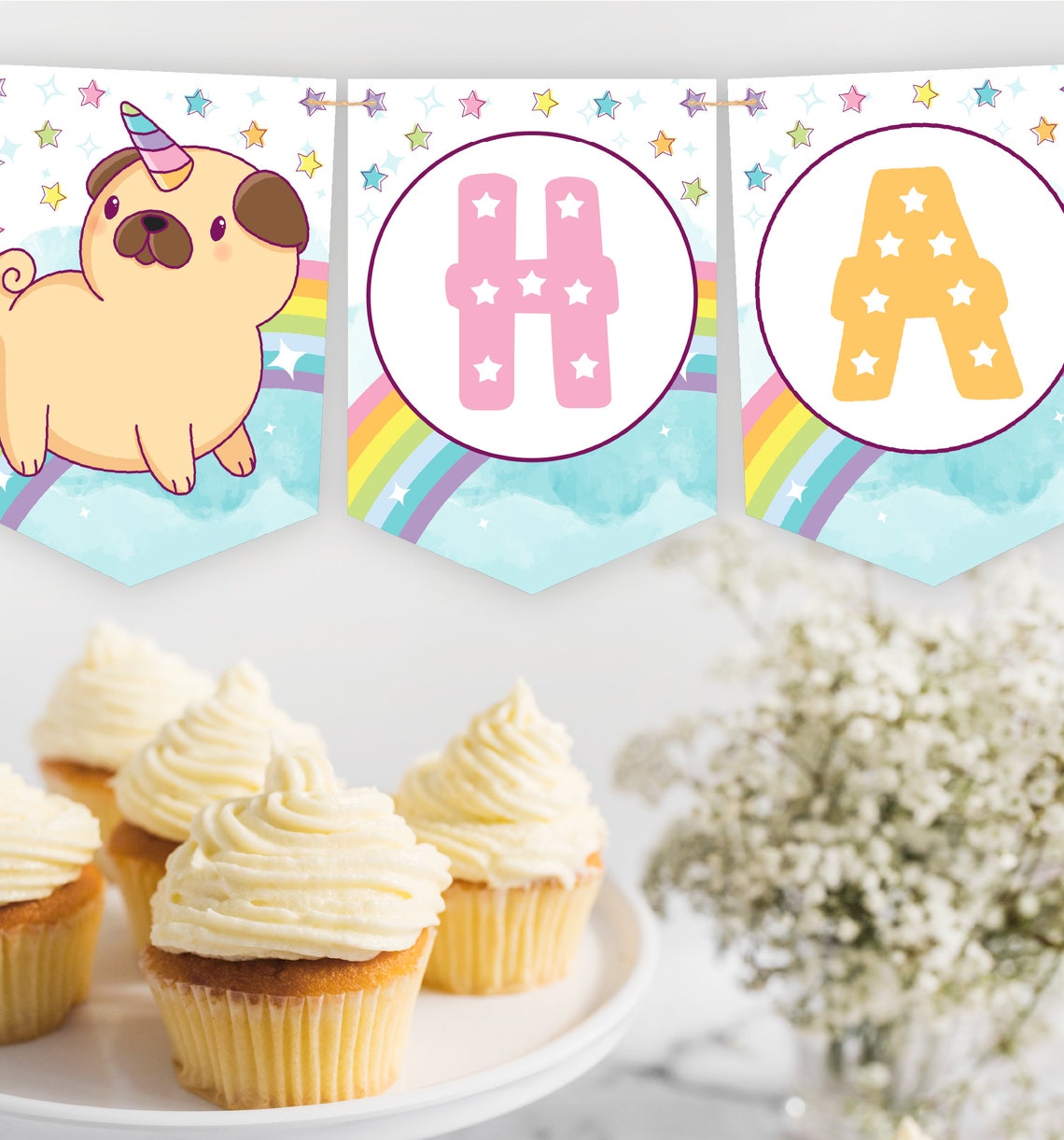 Pug Unicorn Happy Birthday Banner Printable Pug Banner - Etsy