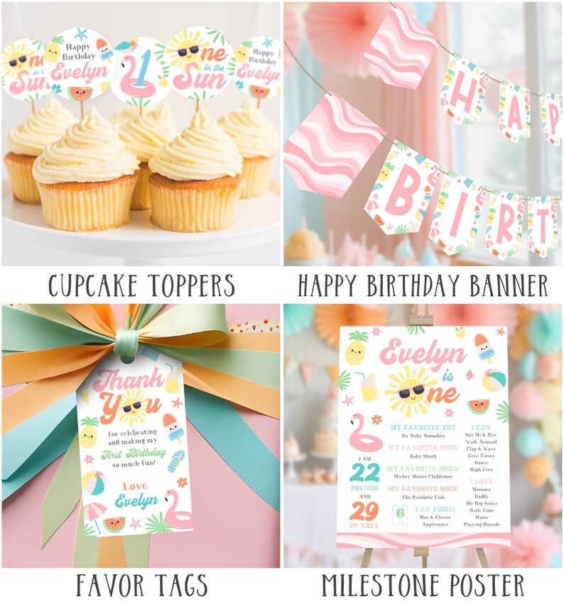 One in the Sun Birthday Party Pack: Editable Summer Decor (digital ...