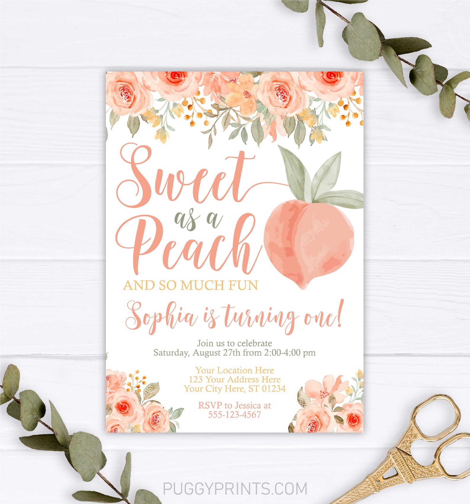 Peach Birthday Invitation Editable Sweet as a Peach - Etsy