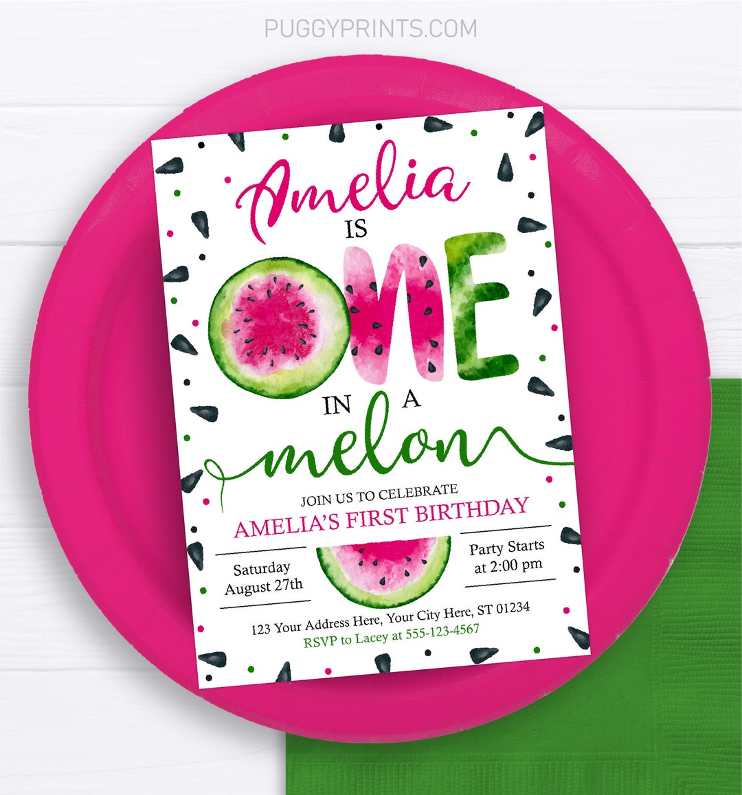 ONE in a Melon Invitation, Editable Watermelon Invitation Template ...