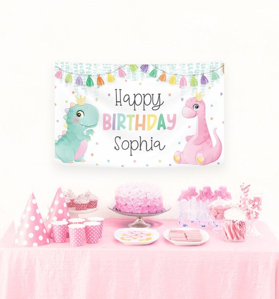 Girl Dinosaur Birthday Banner, Editable Dinosaur Happy Birthday Banner ...