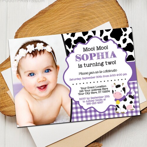 Cow Girl Birthday Party Invitation Farm Pink Cow Photo | Etsy